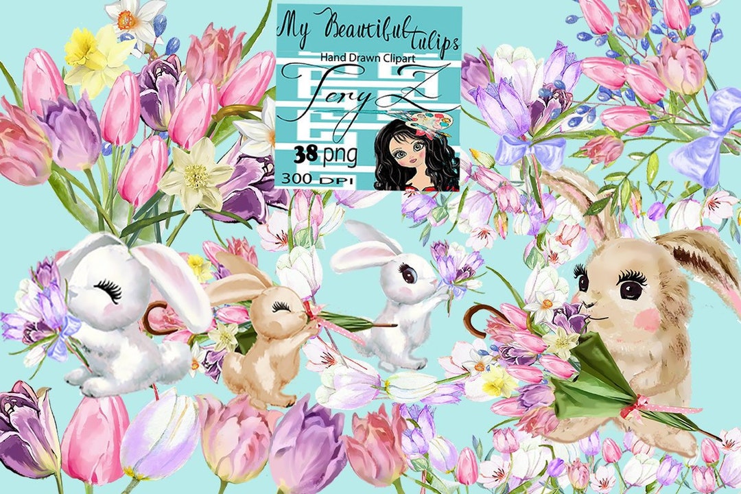 Tulips Clipart Spring Flowers Cute Bunny Watercolor Flowers - Etsy