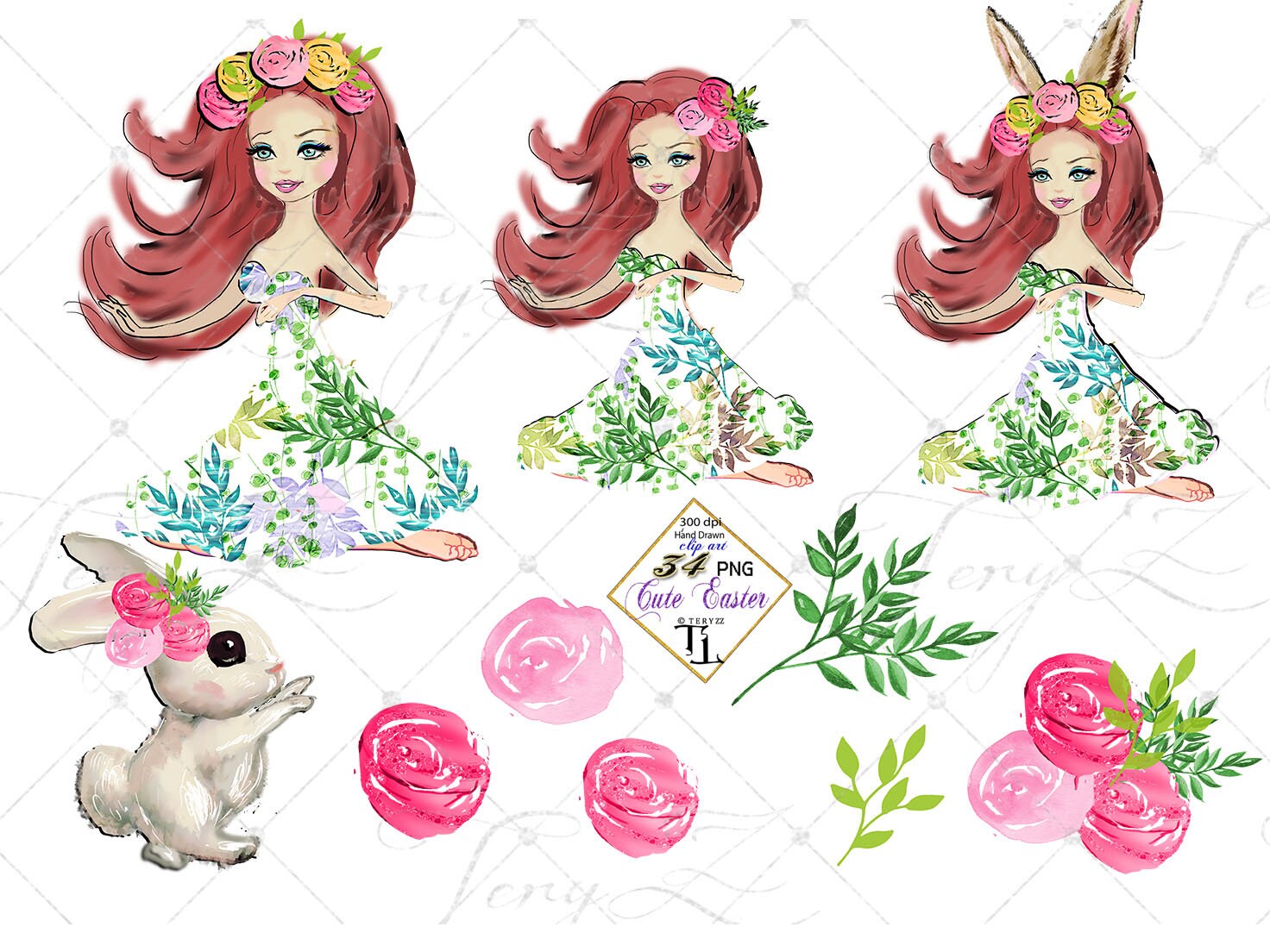Easter Girl Clip Art Bunny Eggs Children Bunnies Basket | Etsy