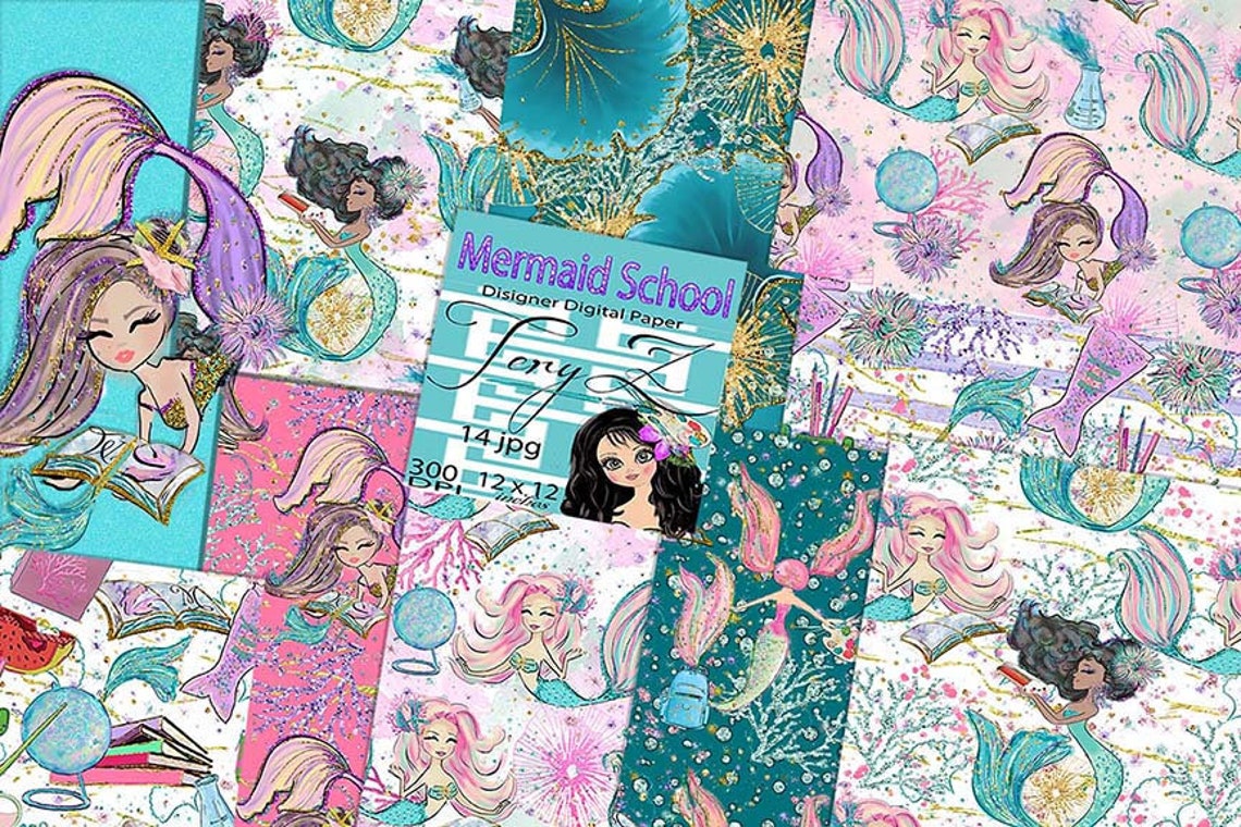 Mermaid School Digital Paper, Mermaid Digital Paper, Back to School ...