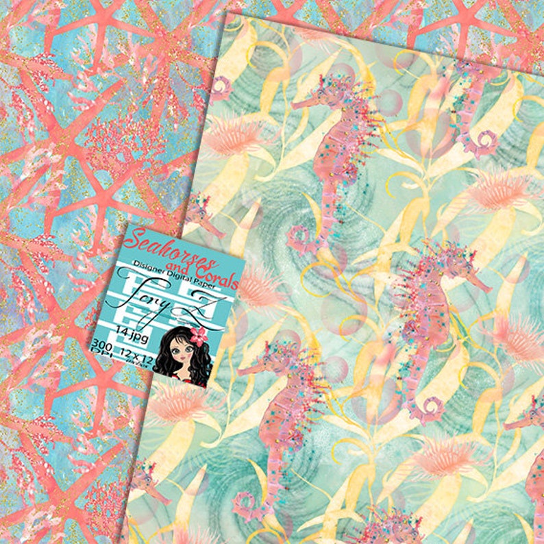 Summer Digital Paper, Seahorse Starfish Jellyfish Corals Sea Life ...