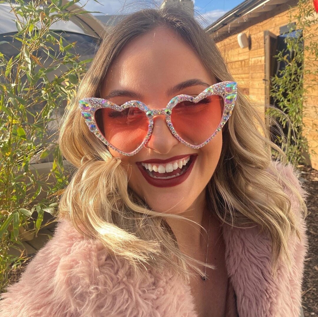 Iridescent Jewel Pink Heart Festival or Bride Sunglasses / Embellished ...