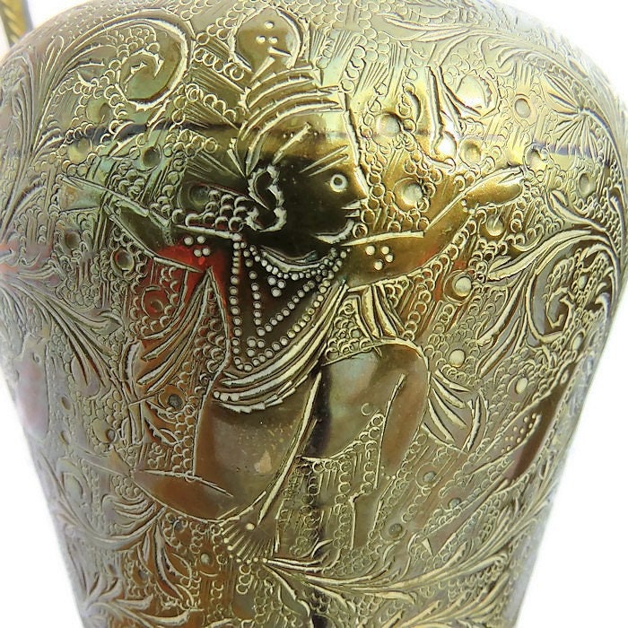 Antique Indian Engraved Brass Urn Vases With Cobra Snake Handles Pair