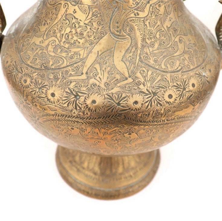 Large Antique Indian Hand Engraved Brass Urn Vases With Dragon Handles ...