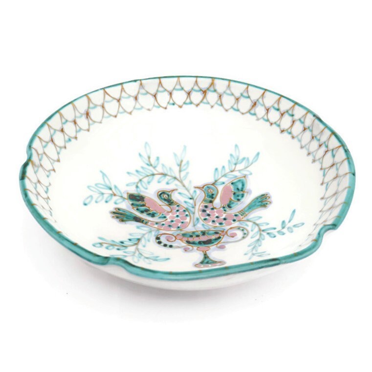 Mediterranean Hand Painted Ceramic Fruit Bowl With Doves Decoration