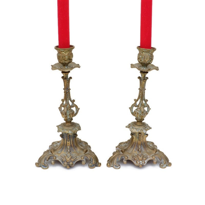 Antique French Rococo Brass Candlesticks Holders Pair