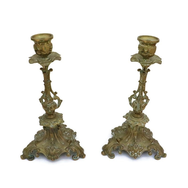 Antique French Rococo Brass Candlesticks Holders Pair