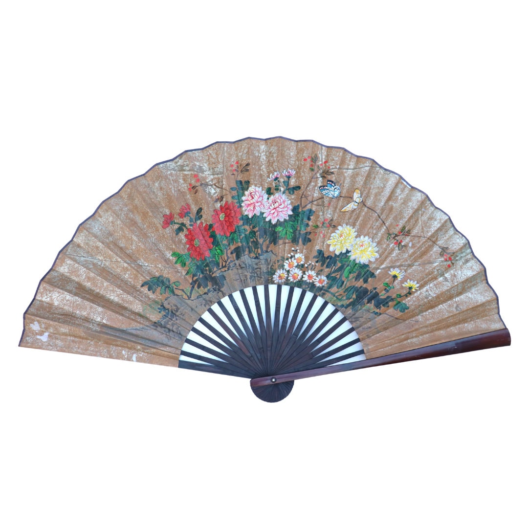 Huge Mid Century Chinese Wall Fan With Hand Painted Flowers and ...