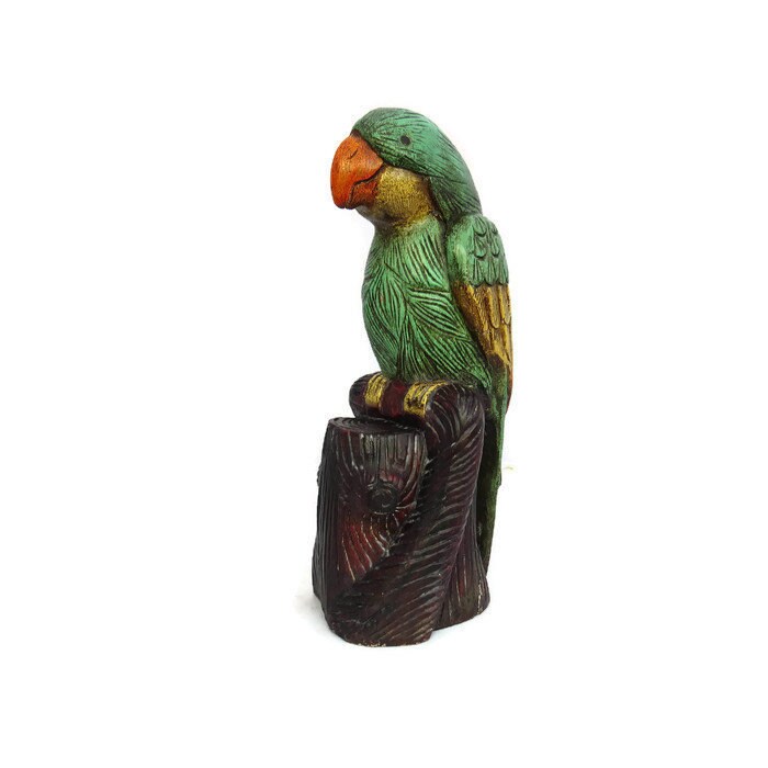 Large Vintage Wooden Parrot Bird Statue Hand Carved Indoors Outdoors ...