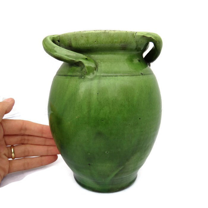 Antique Arts And Crafts Green Glazed Pottery Vase With Twisted handles ...