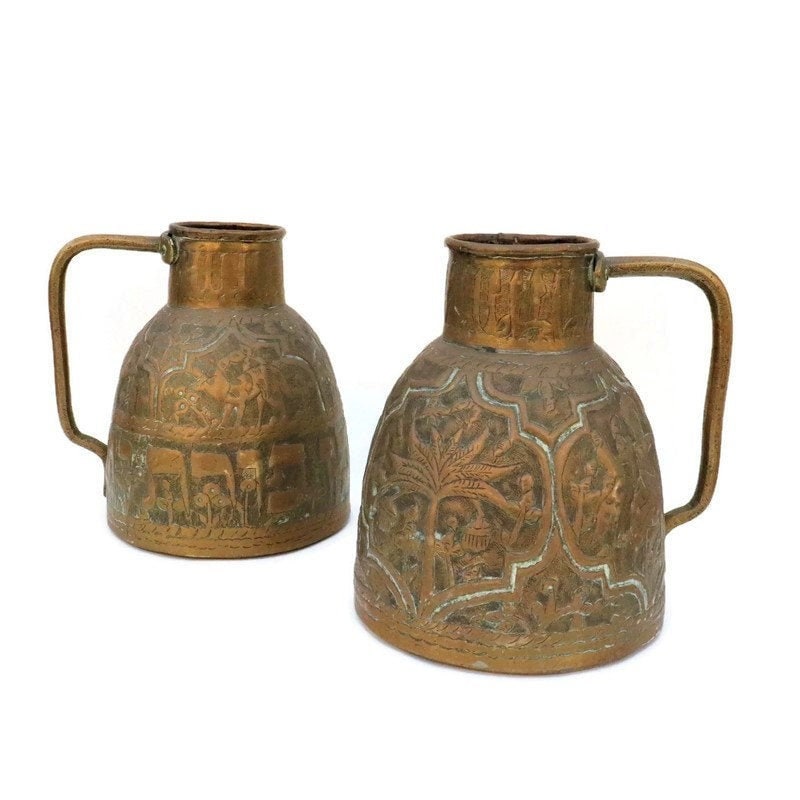 Antique Cairoware Brass Jugs with Hand Engraved Foliate Animal Design ...