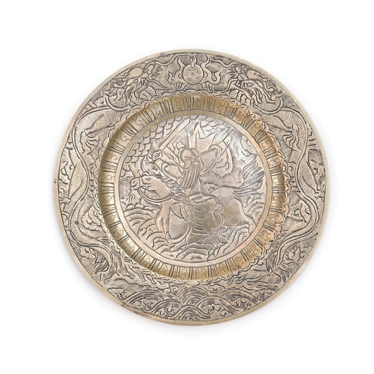 Small Chinese Hand Engraved Bronze Tray With Dragons Chasing Pearl ...