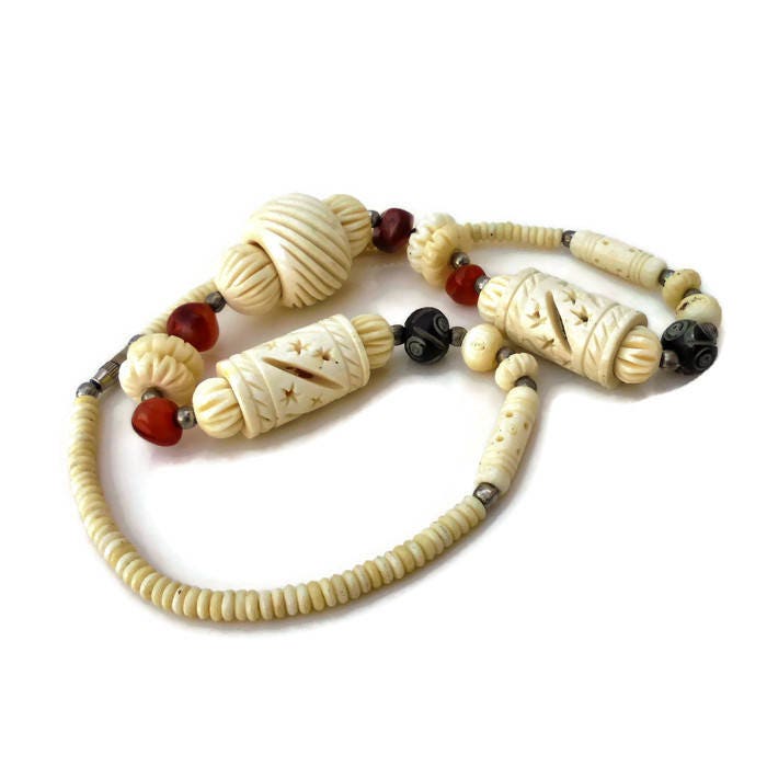 Vintage Chunky Carved Bone Tribal Necklace/Chunky Boho Necklace
