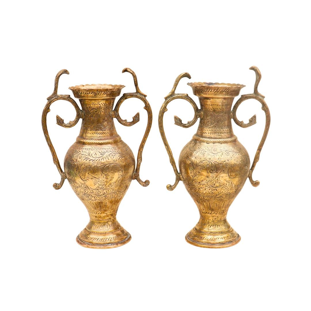 Antique Indian Hand Engraved Brass Jug Vases With Dragon Handles Pair ...