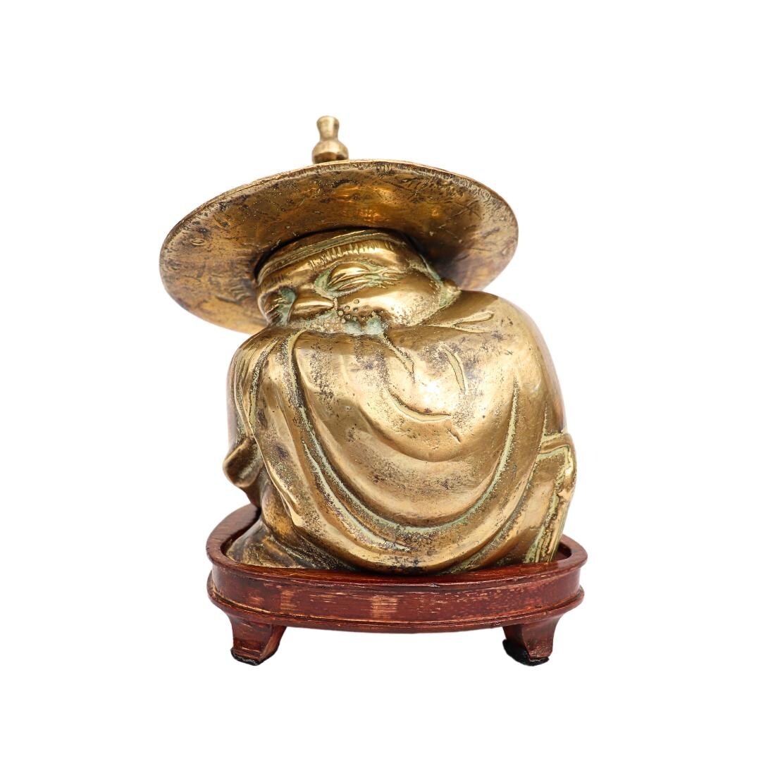 Mid Century Chinese Brass Sleeping Monk on Wooden Pedestal Feng Shui ...