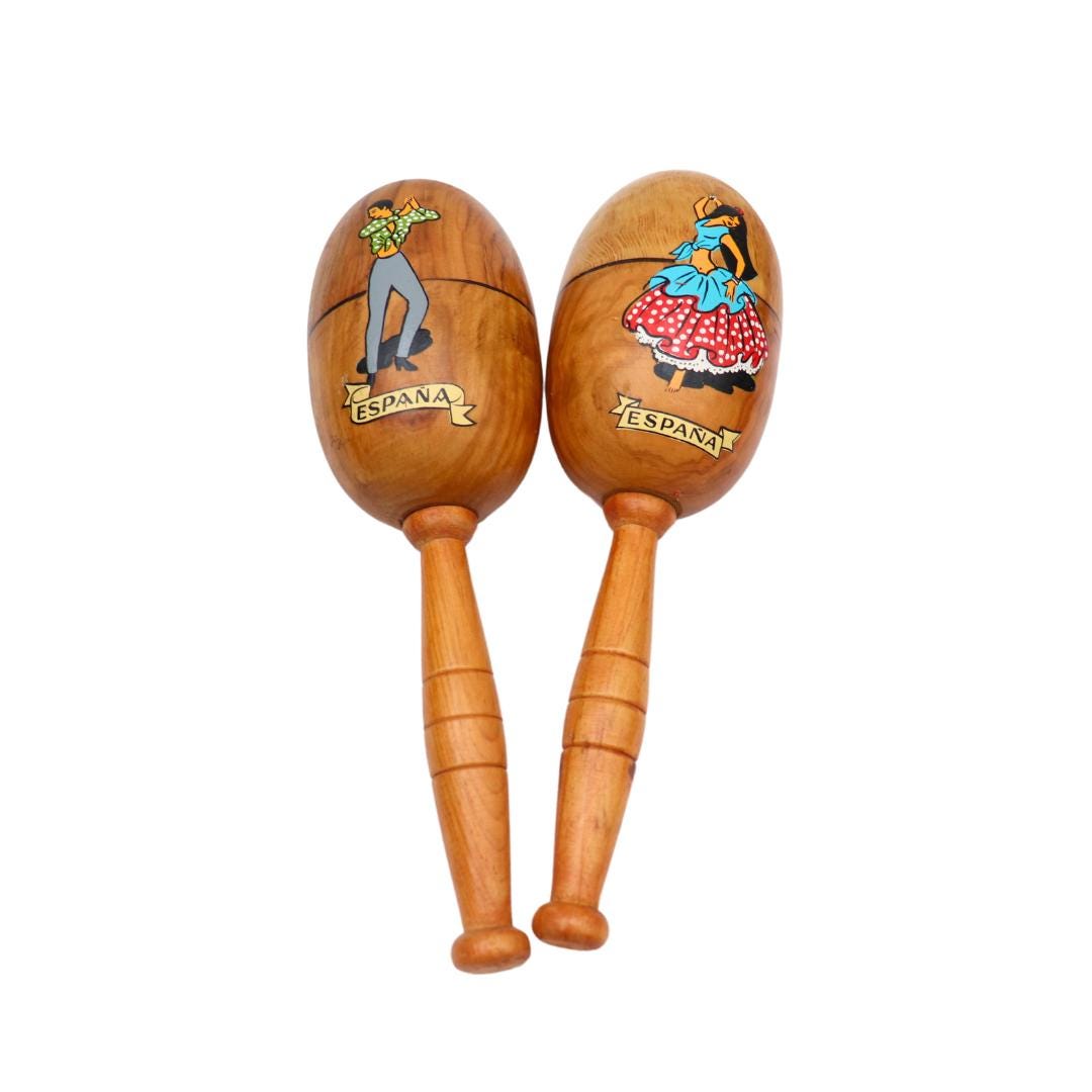 Retro Wooden Pair of Maracas Souvenir From Spain, Carnival Festival Percussion Instruments ...