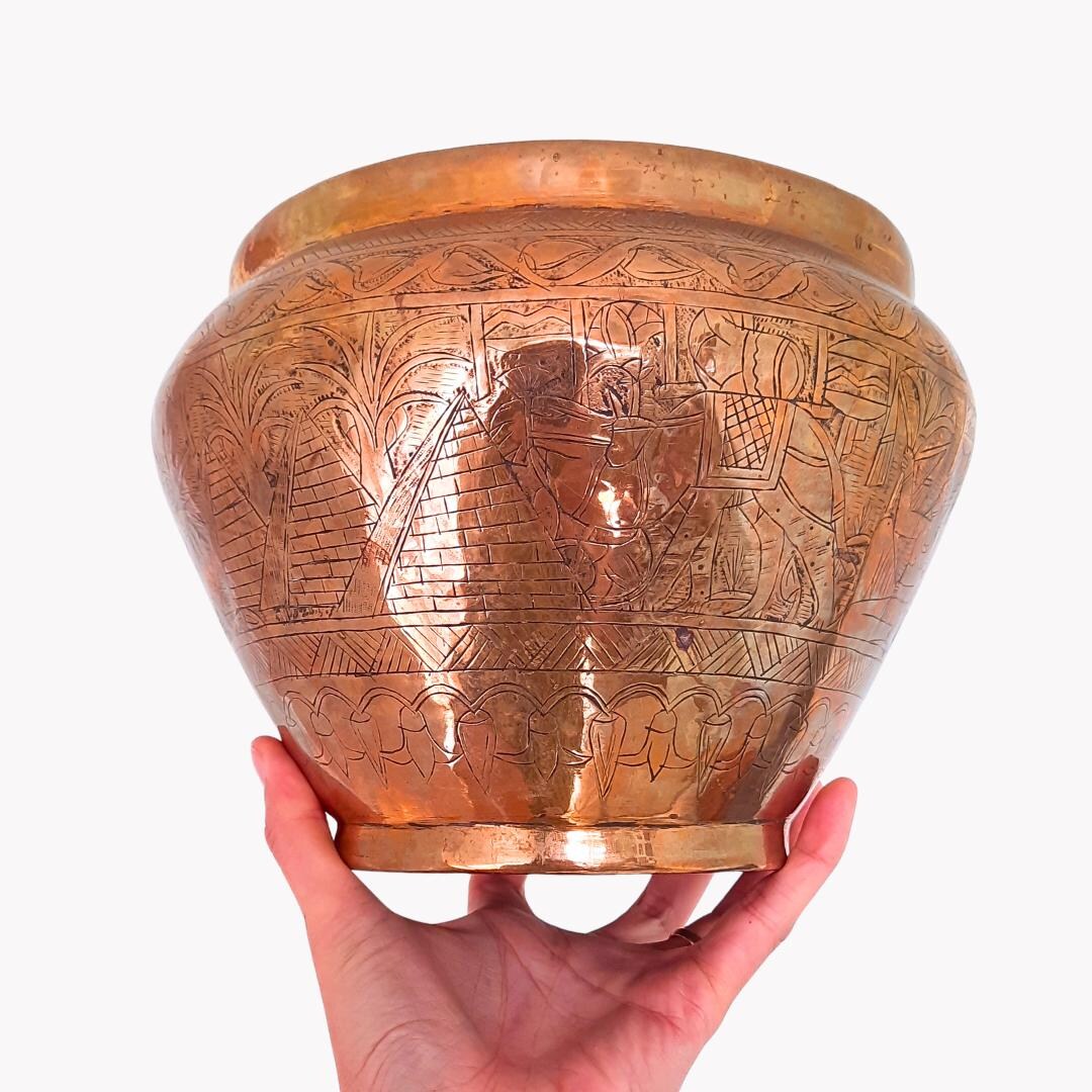 Large Antique Cairo Ware Hand Engraved Pyramids Brass Cachepot ...