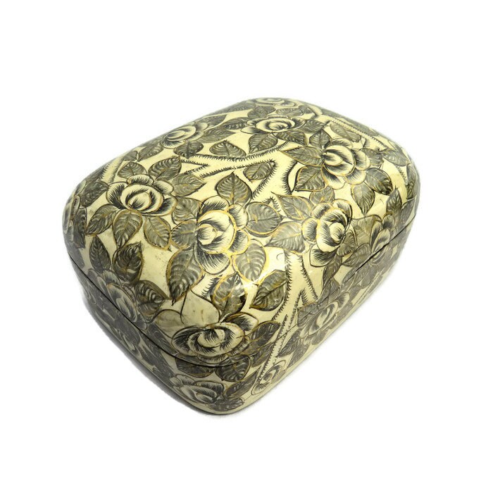 Hand Painted Kashmir Lacquer Trinket Box Floral Design.Vintage Kashmir ...