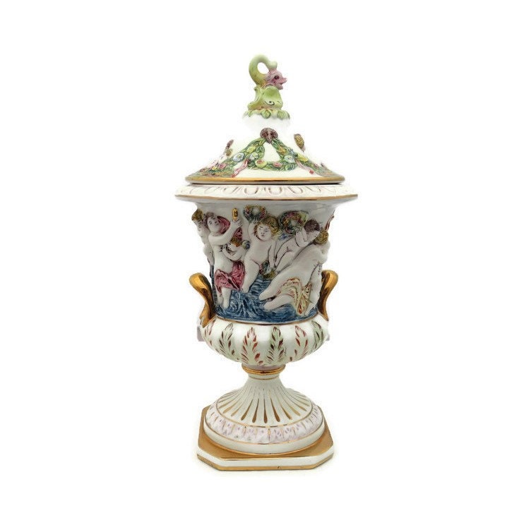 Mid-Century Capodimonte Italy Porcelain Urn With Raised Relief Cherubs ...