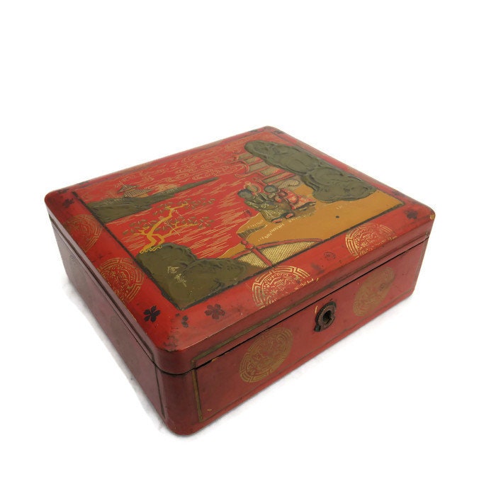 Vintage Chinese Papier Mache Lacquer Box Hand Painted.Chinese Red ...