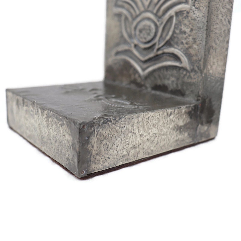 Antique Arts And Crafts Embossed Pewter And Wood Bookends