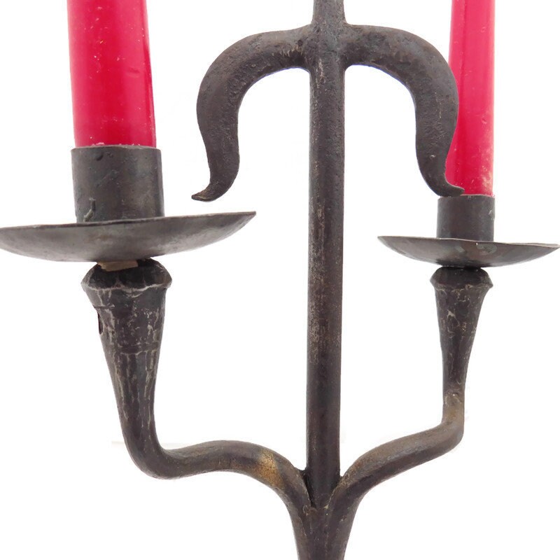 French Black Wrought Iron 2 Arms Candelabra .Medieval Rustic Candelabra