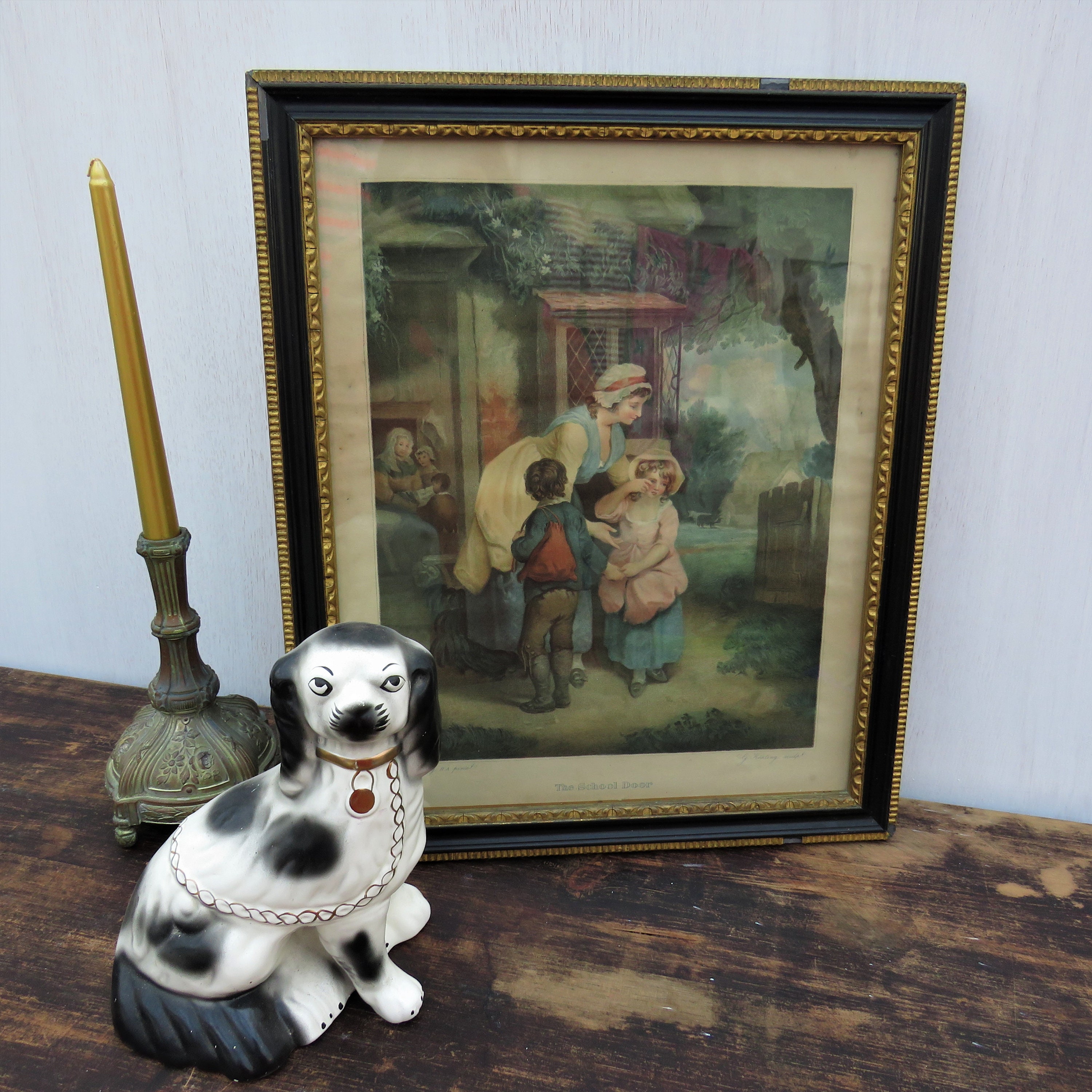 Antique Coloured Mezzotint Engraving The School Door (after Francis ...