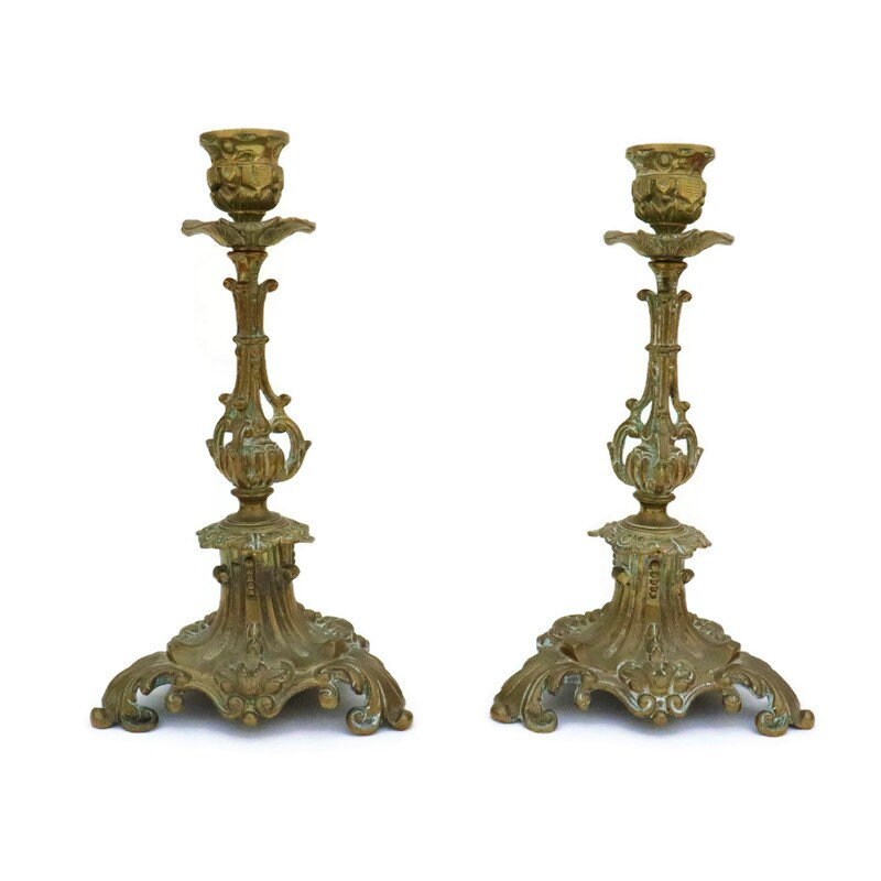 Antique French Rococo Brass Candlesticks Holders Pair