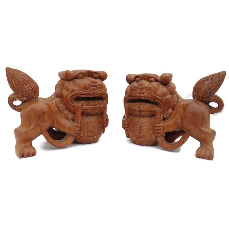 Hand Carved Wood Japanese Foo Dogs Figurines Pair .Feng Shui Home Decor.