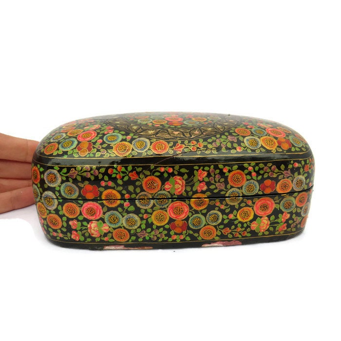 Hand Painted Kashmir Lacquer Trinket Box Floral Design.Vintage Kashmir ...