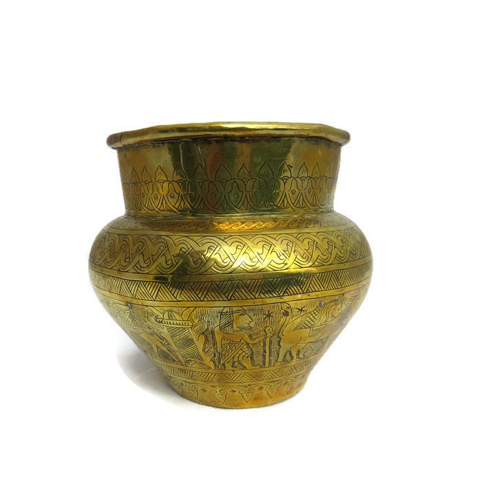 Vintage Egyptian Revival Brass Plant Pot, Hand Etched Brass Planter ...