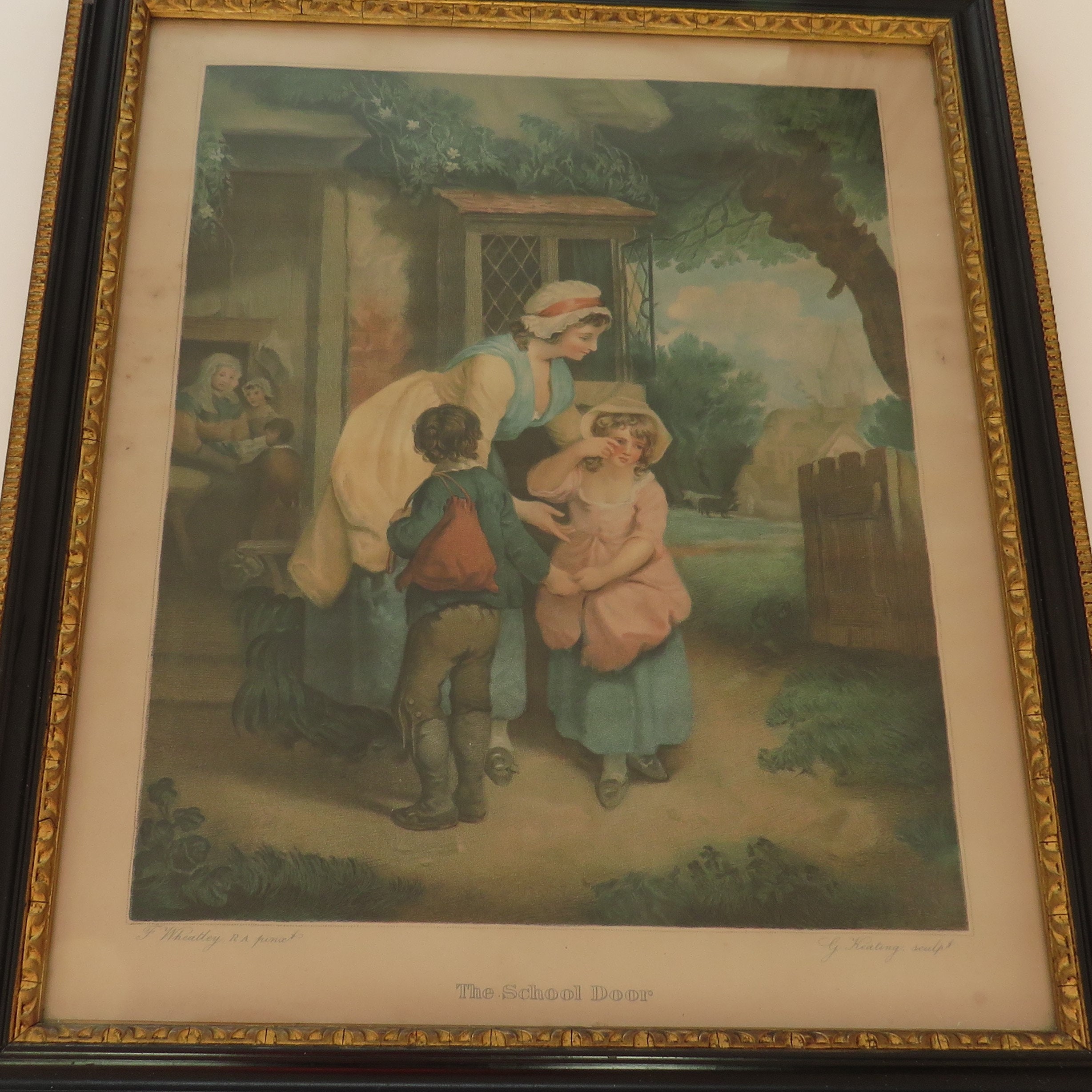 Antique Coloured Mezzotint Engraving The School Door (after Francis ...