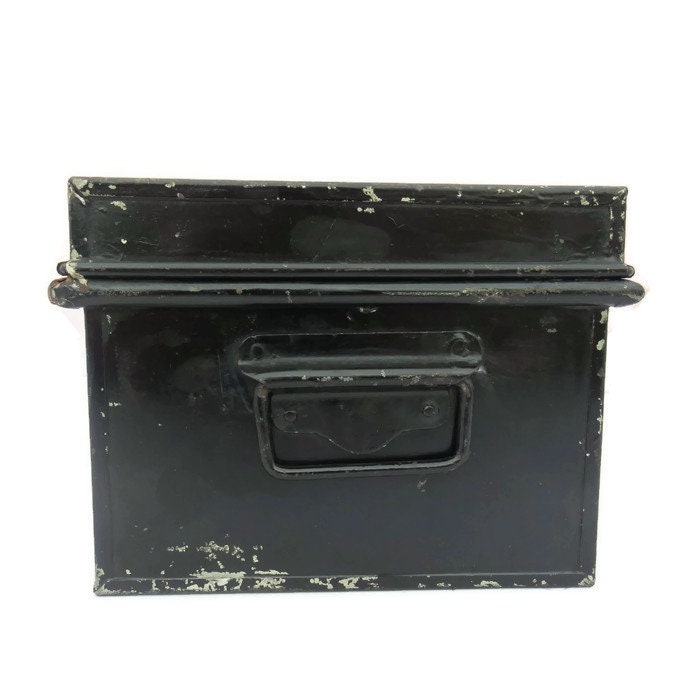 Large Vintage Black Metal Deed Box Storage Tin Chest Box With Key ...