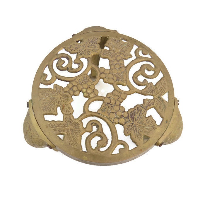 Antique Vintage Brass Fire Side Trivet Stand Pedestal 3 legs Grapes Design