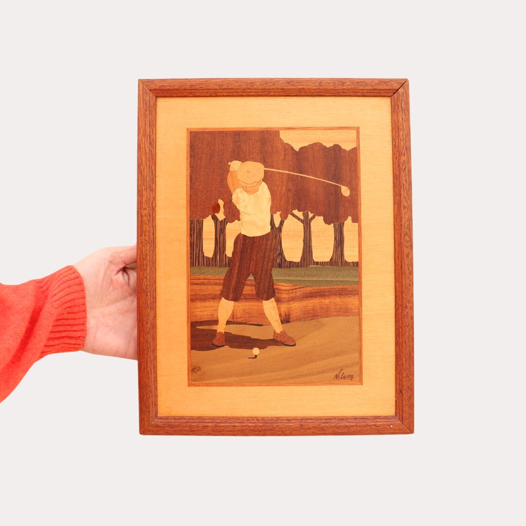 Retro Hudson River Inlay Marquetry Golfer by Jeff Nelson, Original ...