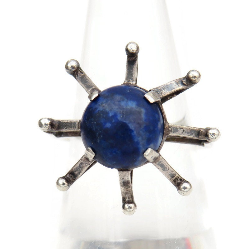 Sterling & Lapis lazuli Star Ring Size V UK .MCM Silver Sun Ring