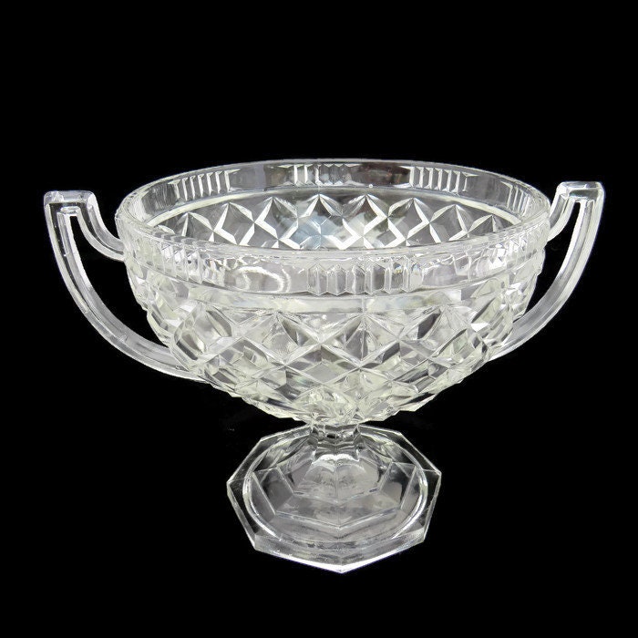 Vintage Art Deco Clear Pressed Glass Footed Fruit Bowl With Trophy