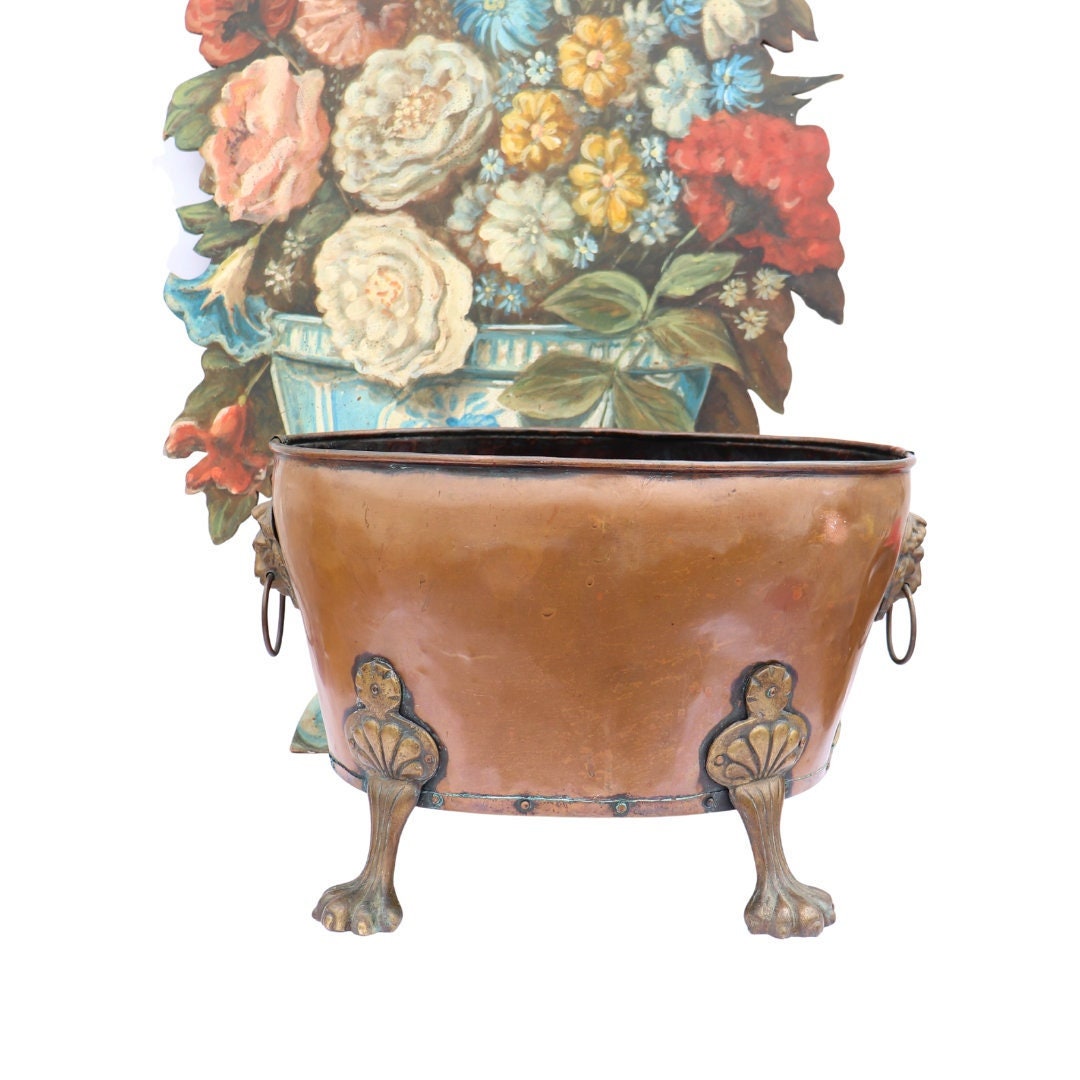 Very Large Victorian Copper and Brass Jardiniere Planter on four Lion's ...