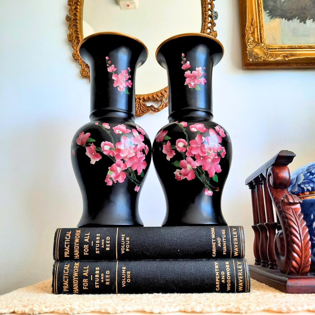 Antique Carlton Ware Pair of Black Baluster Vases With Hand Painted ...