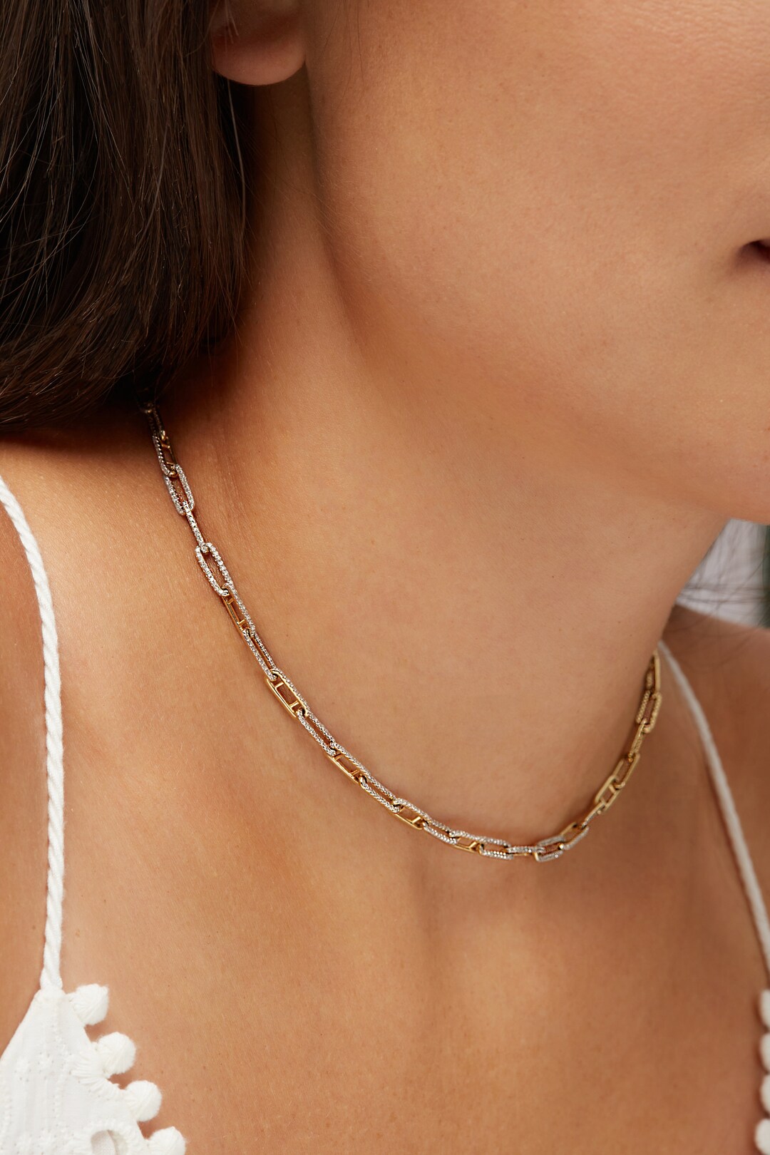 Diamond Paperclip Necklace, 14K Solid Gold Paperclip Chain, Natural ...