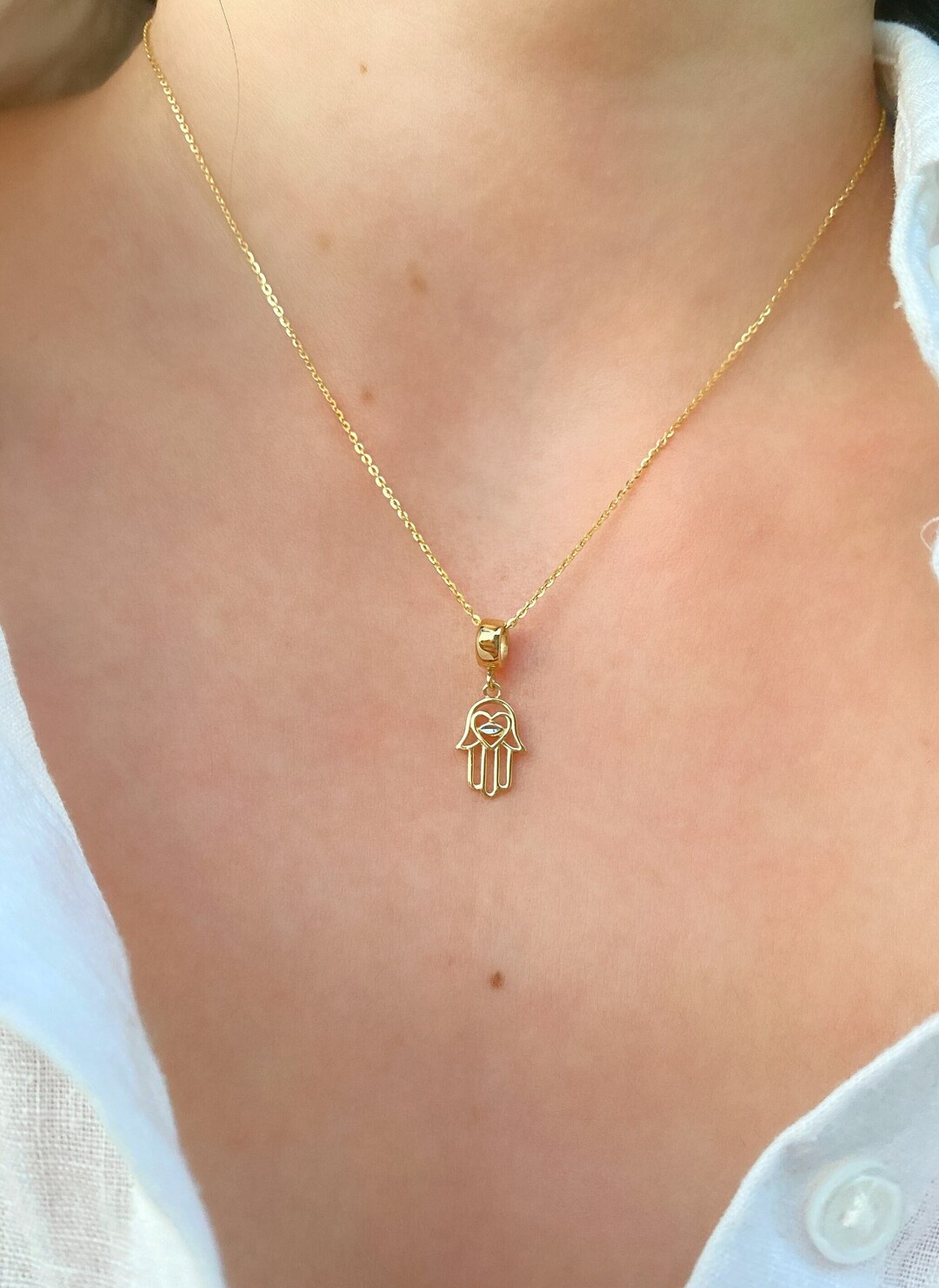 Solid 14K Gold Hamsa Pendant Necklace, Gold Kabbalah Charm Pendant ...