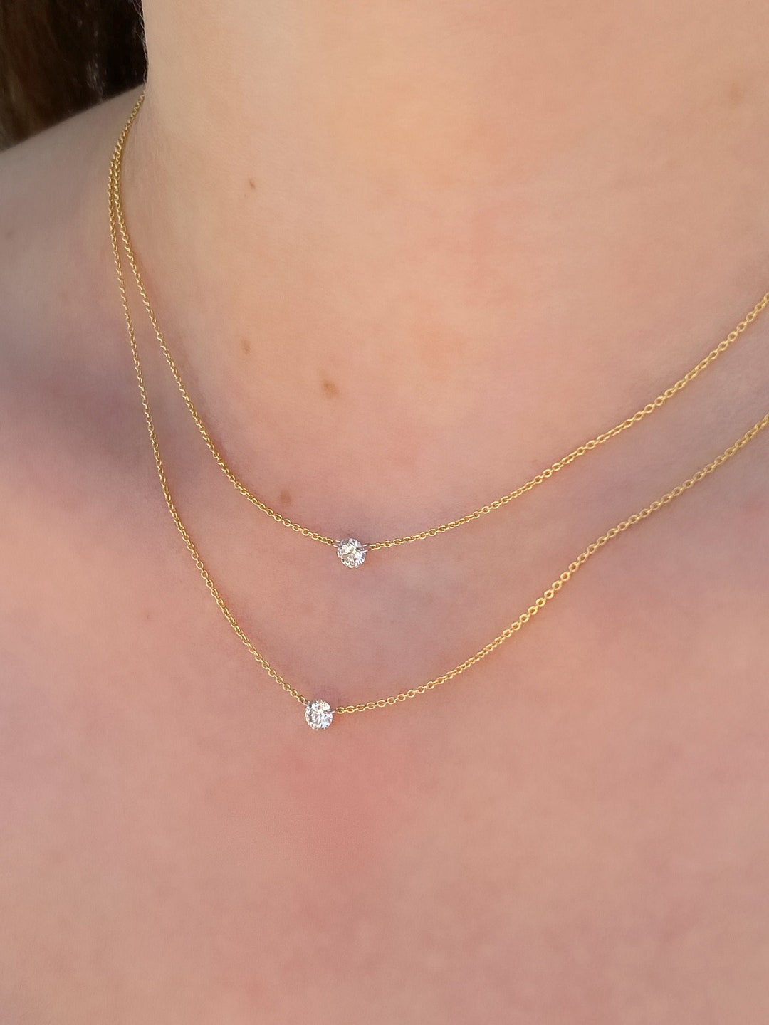 Floating Diamond Necklace, 14K Gold Diamond Necklace, Solitaire ...