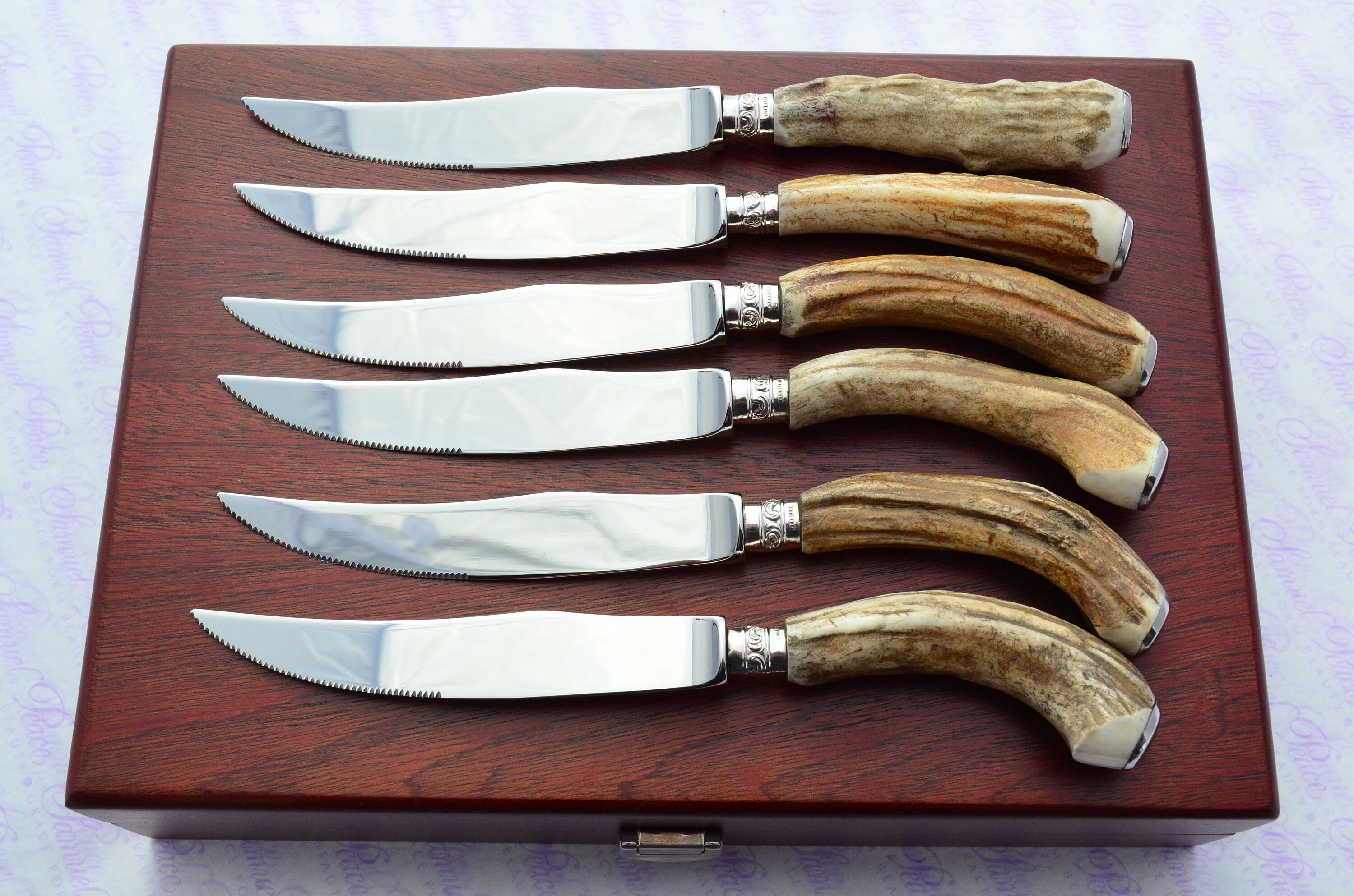 Six Genuine Rare Sambar Stag/antler Handle Steak Knives Sterling Silver ...