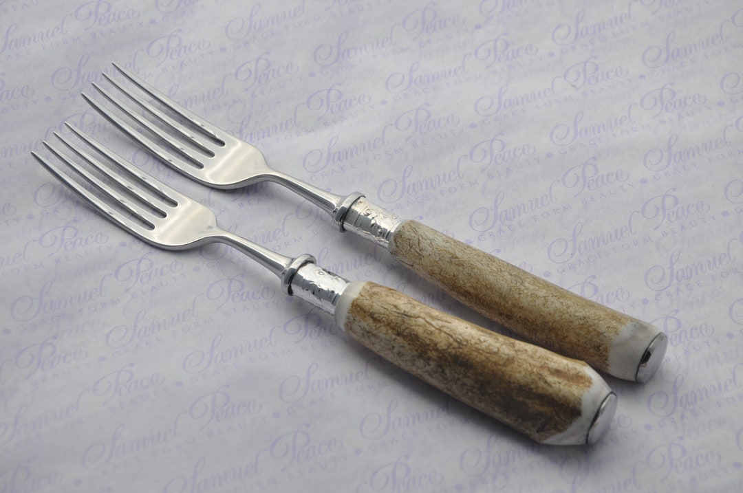 Two New Genuine Stag/antler Handle Steak Forks Silver Ferrule Made ...
