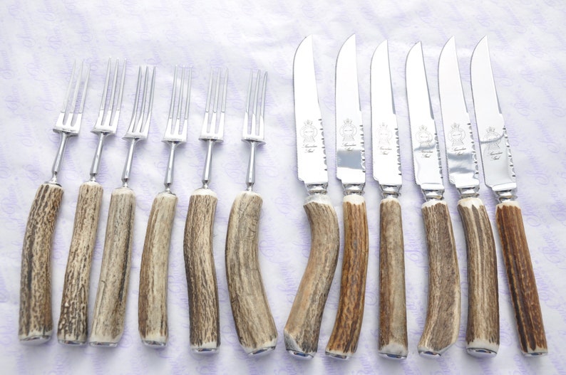 6 Pairs Genuine Stag/antler Handle Steak Knives & Three Prong Forks in ...