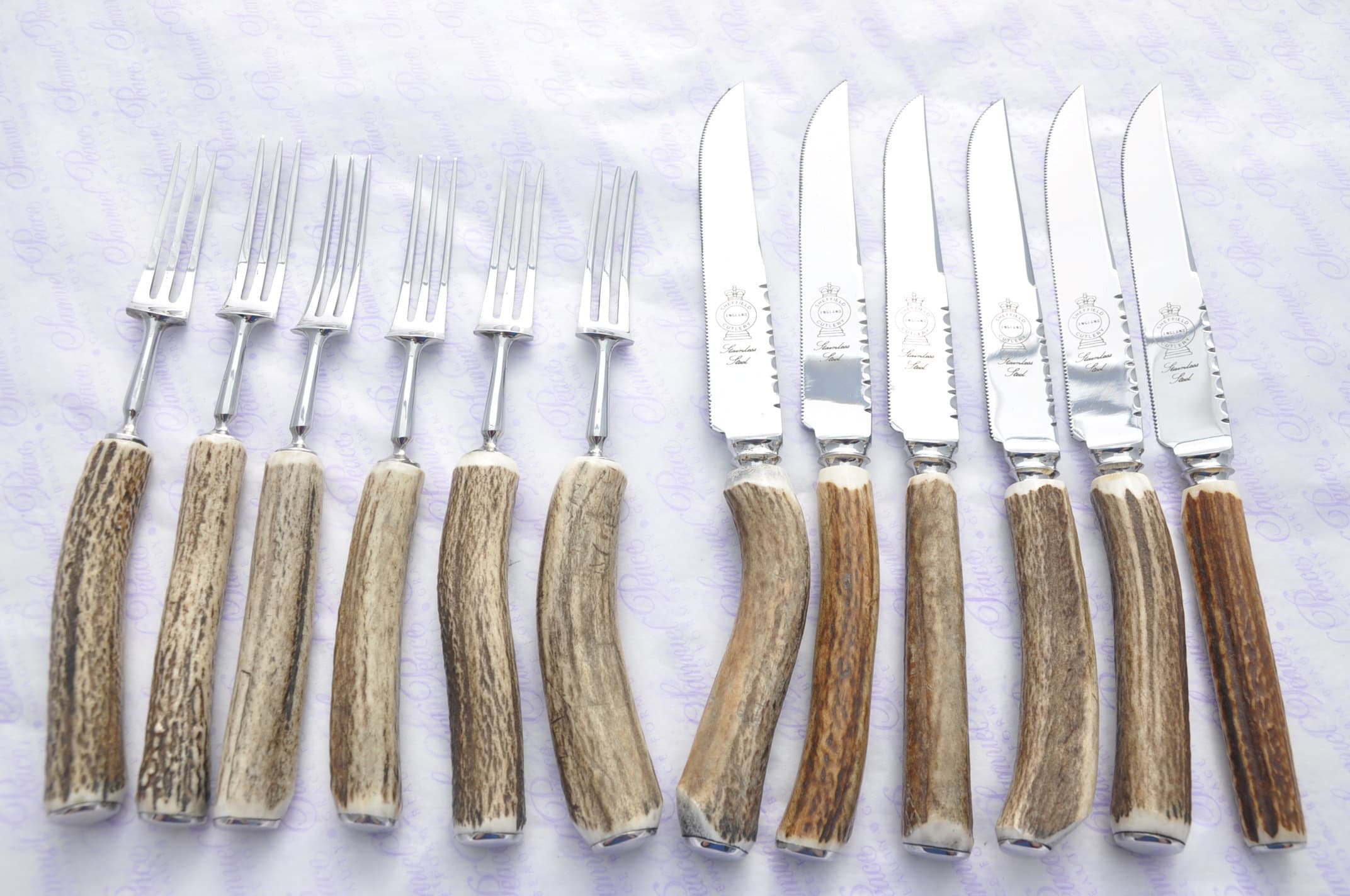 6 Pairs Genuine Stag/antler Handle Steak Knives & Three Prong Forks in ...