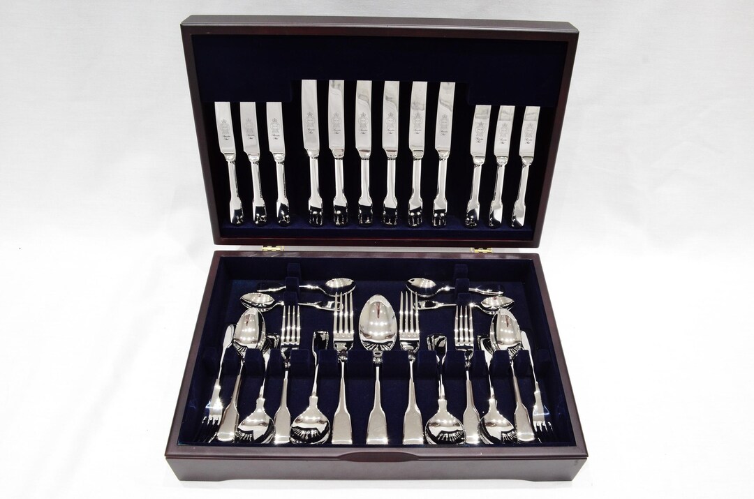 A Brand New Fiddle Pattern 44 Piece Mahogany Wooden Cased Canteen ...