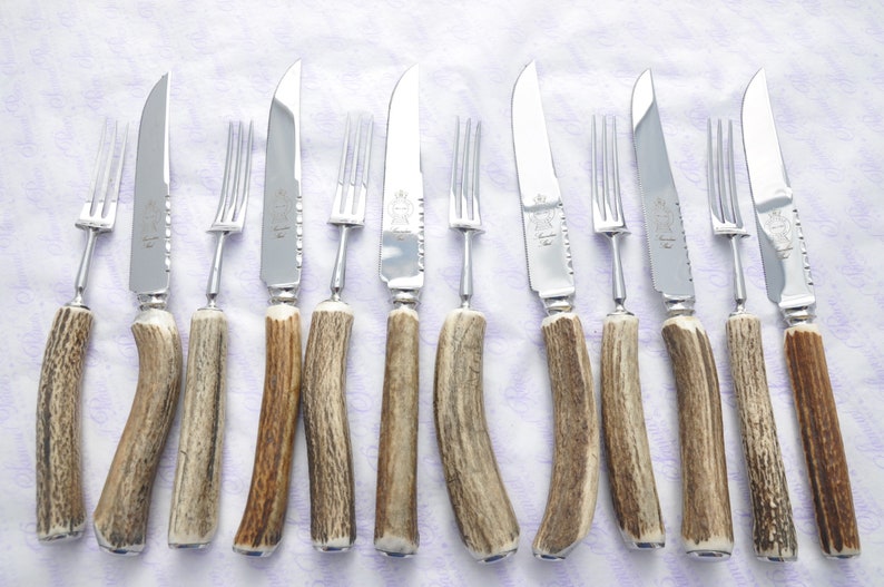 6 Pairs Genuine Stag/antler Handle Steak Knives & Three Prong Forks in ...