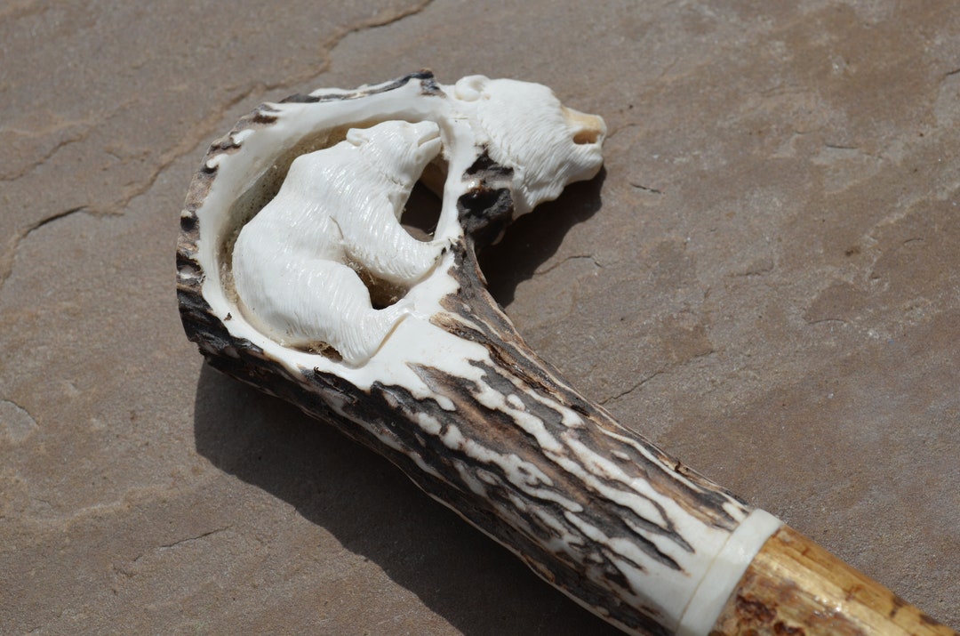 Genuine Authentic Hand Carved Stag Horn Antler Hazel Shaft Walking ...
