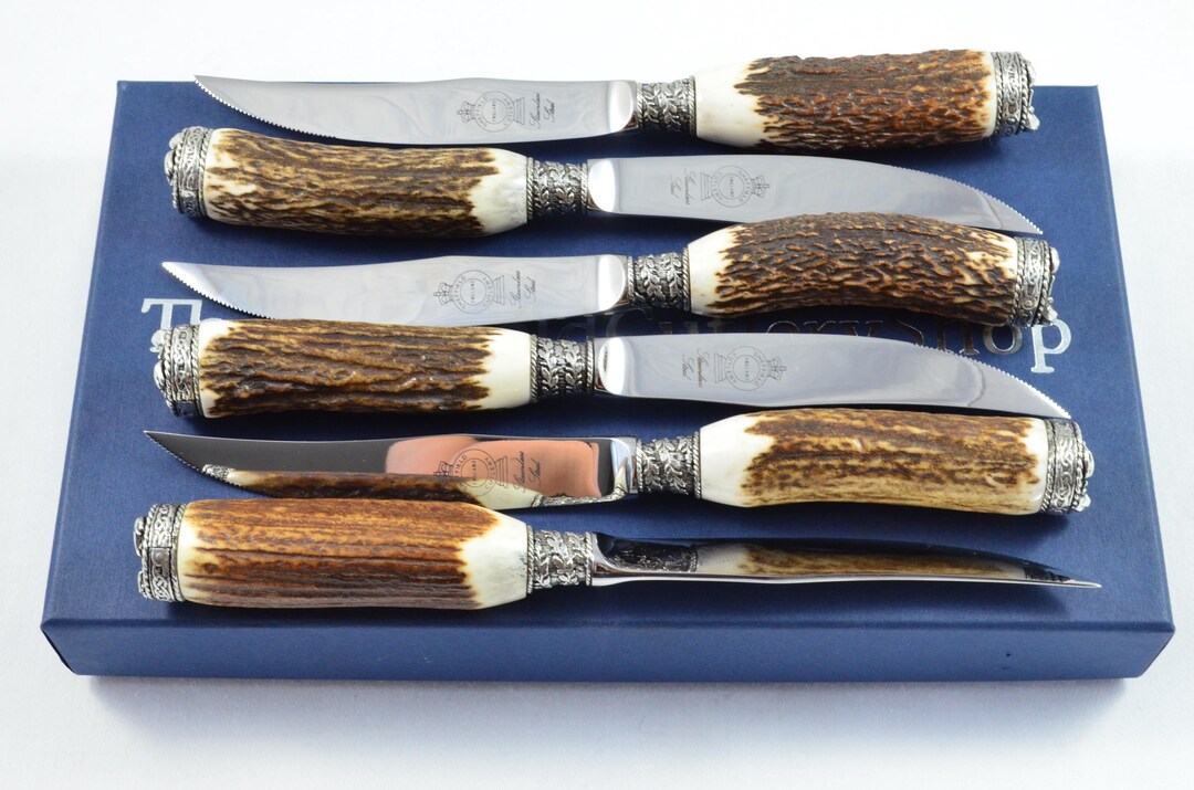 A Genuine Set of 6 Stag Antler Handled Pewter Capped Steak Knife Made ...