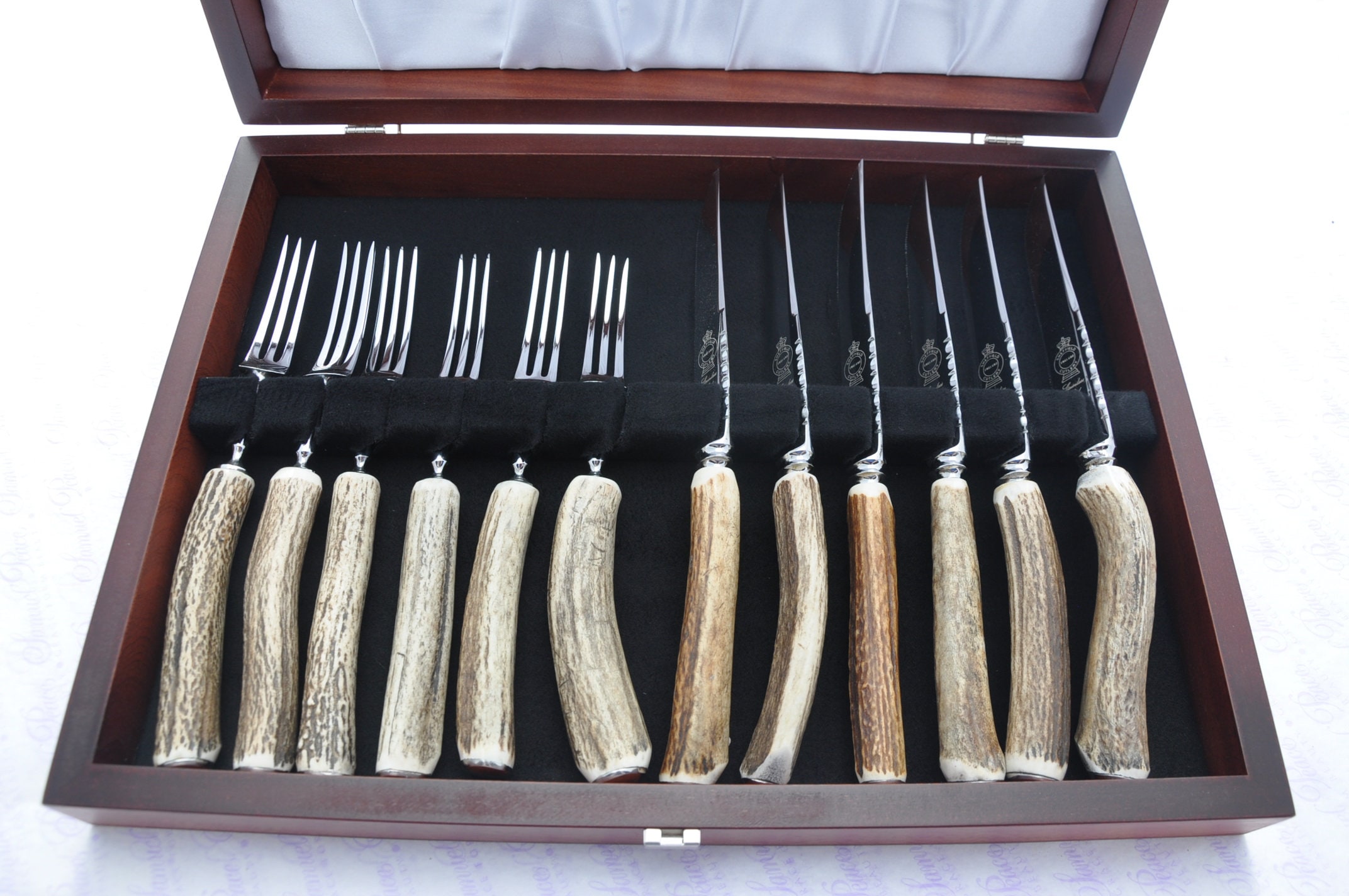 6 Pairs Genuine Stag/antler Handle Steak Knives & Three Prong Forks in ...